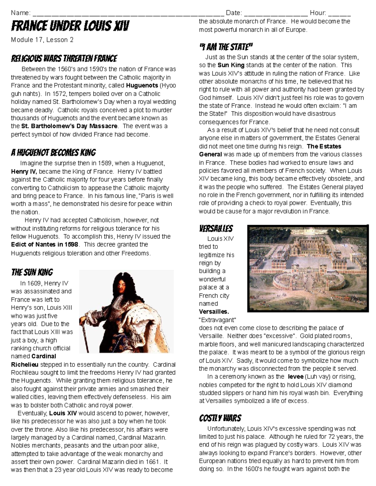 France Under Louis XIV: Module 17, Lesson 2 - Religious Wars and ...