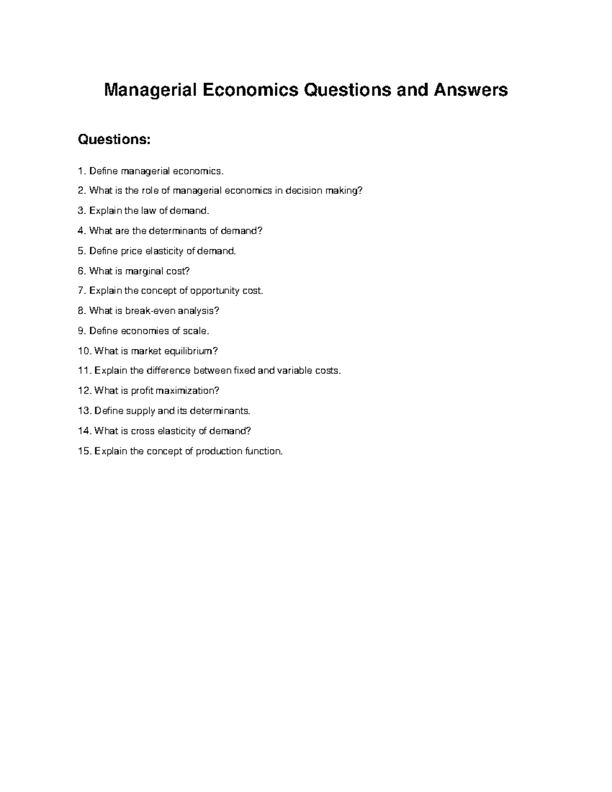 Managerial Economics Q&A: Key Concepts and Definitions - Studocu