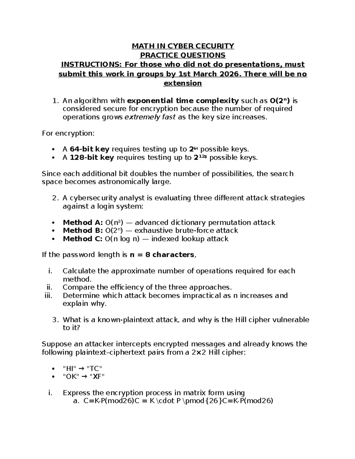 MATH 101: Cybersecurity Practice Questions & Instructions - Studocu