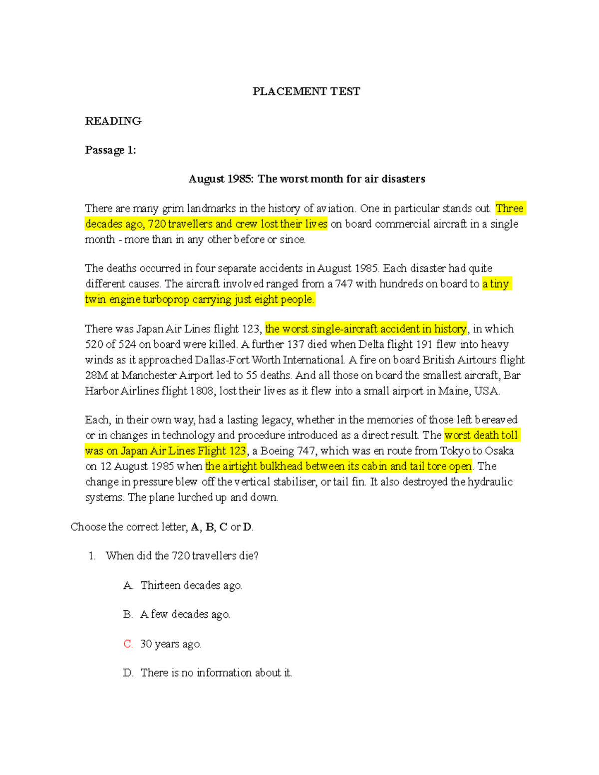 Placement Test - Tiếng Anh: Reading & Writing Exercises - Studocu