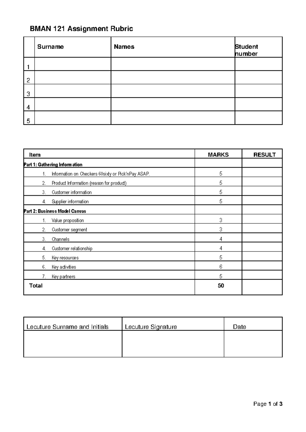 BMAN 121 2024 Assignment 2024 Rubric MC - Page 1 of 3 BMAN 121 ...