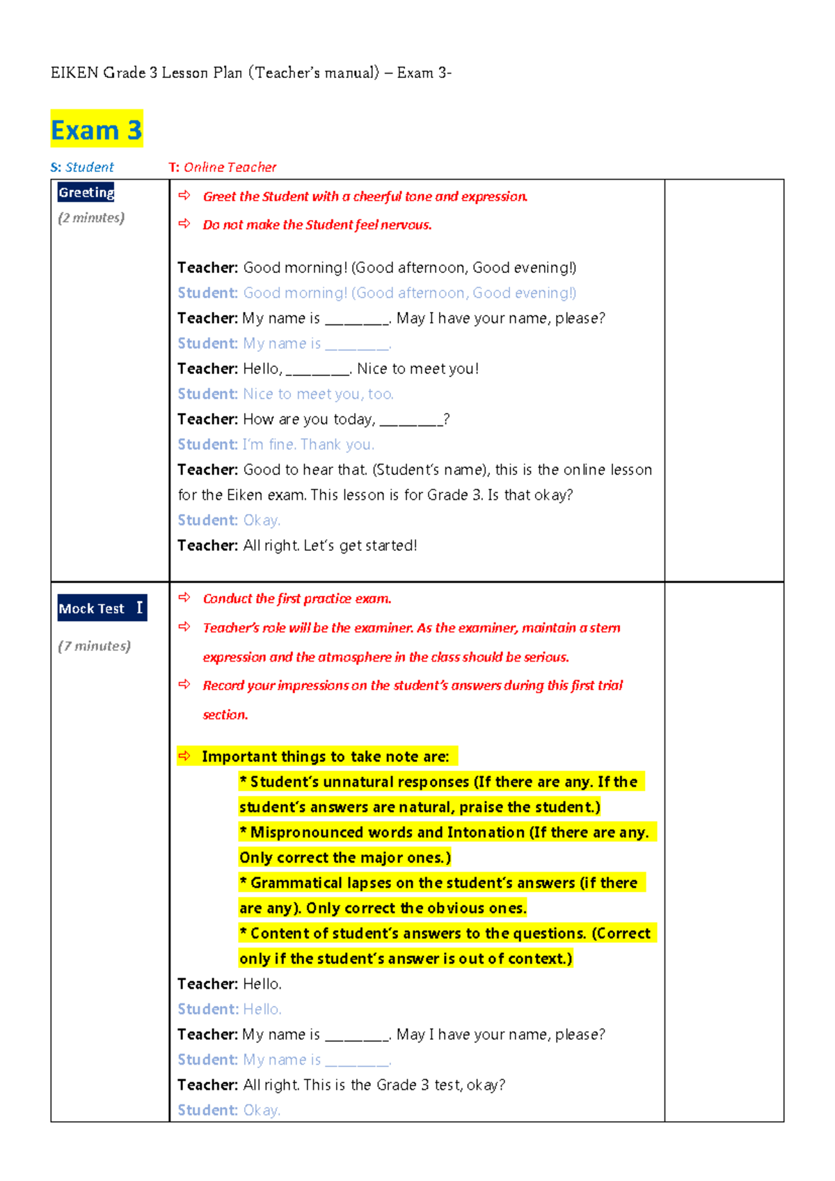 EIKEN Grade 3 Exam 3 Lesson Plan and Mock Test Guide - Studocu