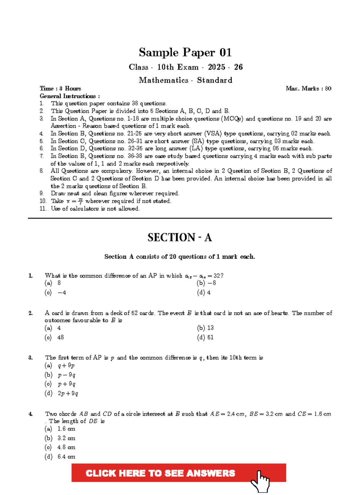 NODIA APP Sample Paper 01 Class 10 Maths Standard Exam 2025-26 - Studocu