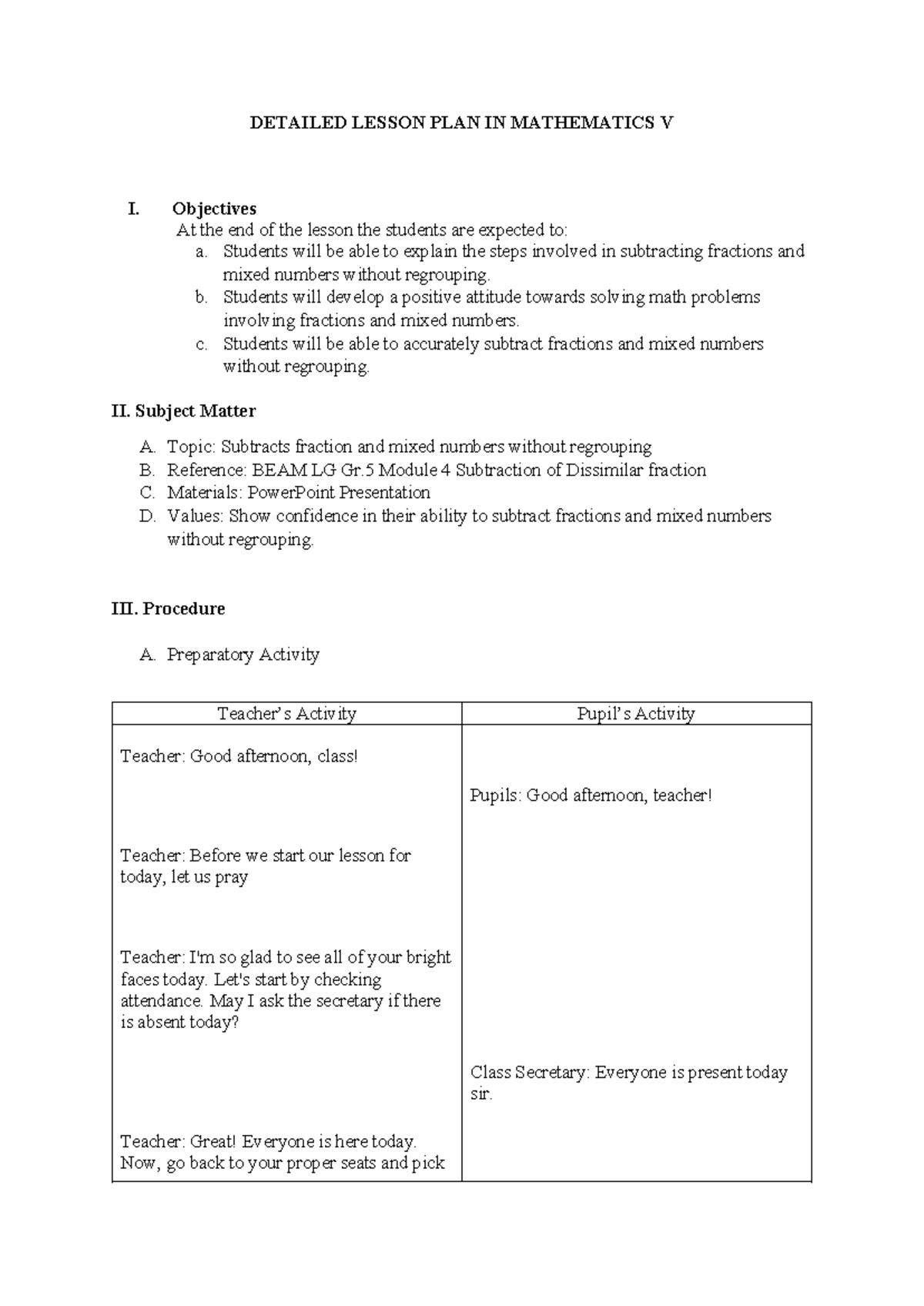 Detailed Lesson Plan for Math V: Subtracting Fractions & Mixed Numbers ...