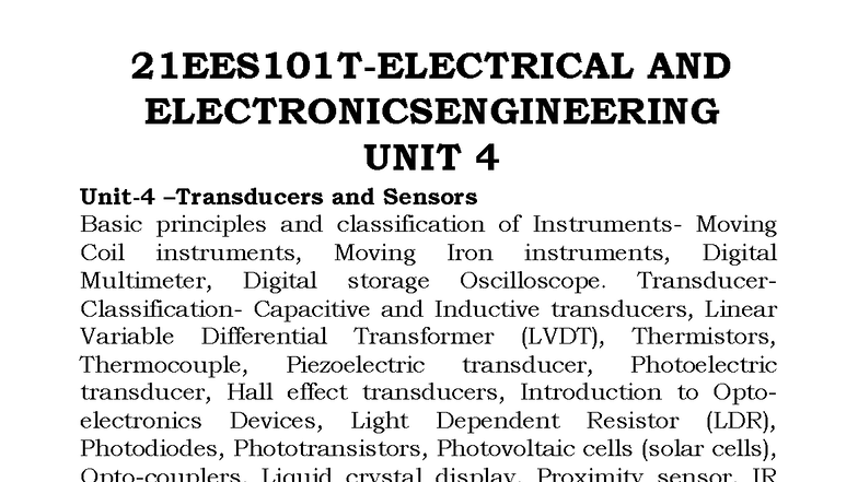 EEE-Unit 4: Sensors & Instruments in Electronics Engineering - Studocu