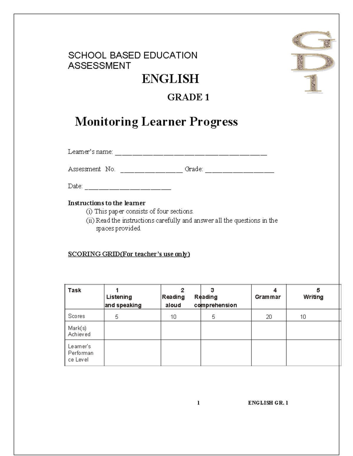ENGLISH GRADE 1 ASSESSMENT: MONITORING LEARNER PROGRESS - Studocu