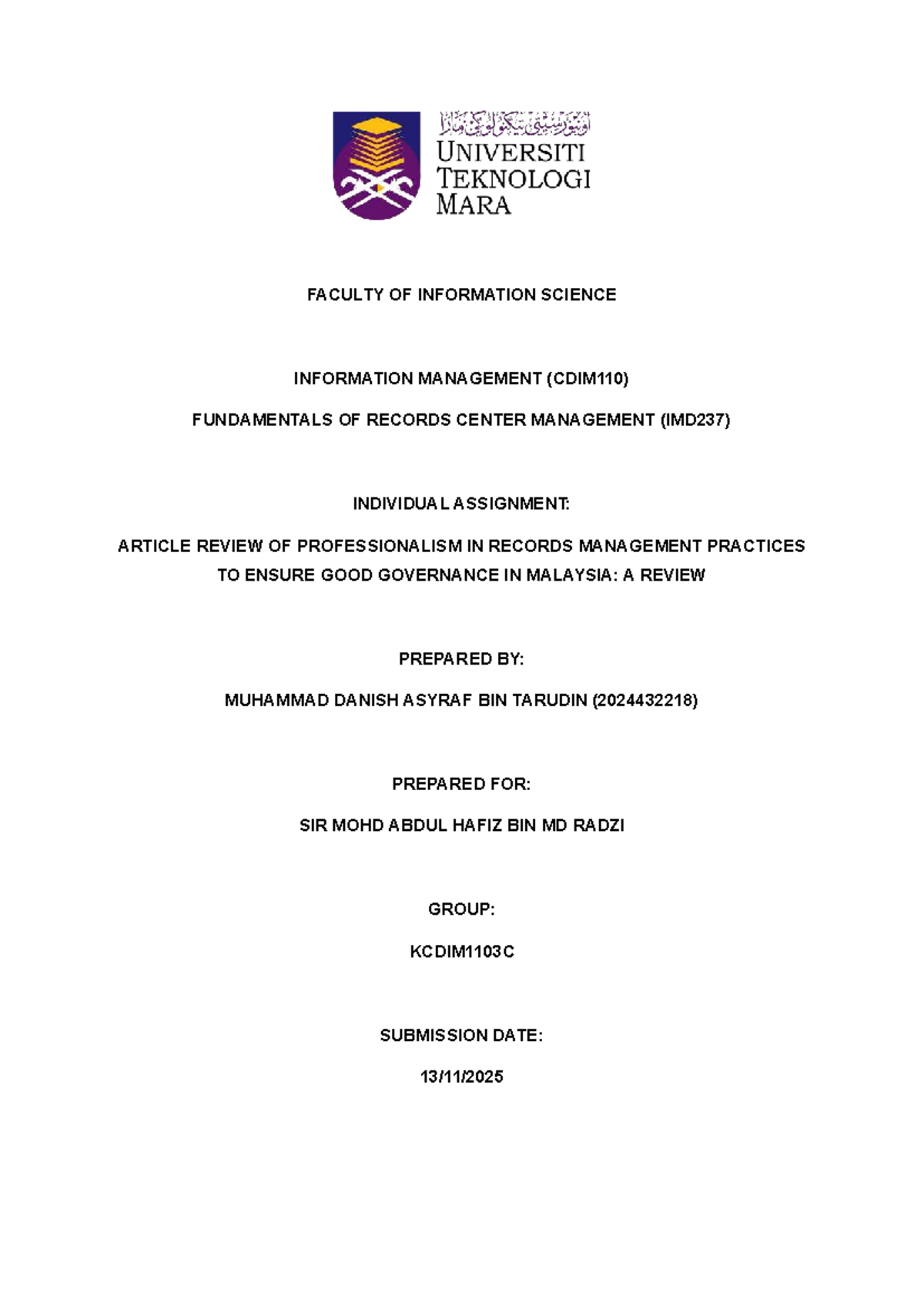 IMD237 Article Review: Professionalism in Records Management for Good ...
