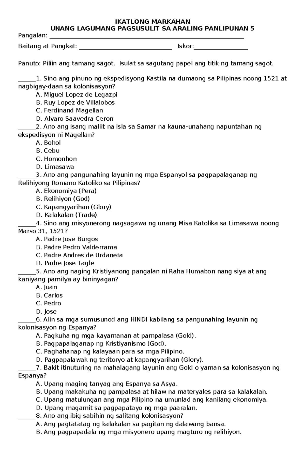 1ST Summative Test in Araling Panlipunan 5 (AP 5) Q3 - Studocu