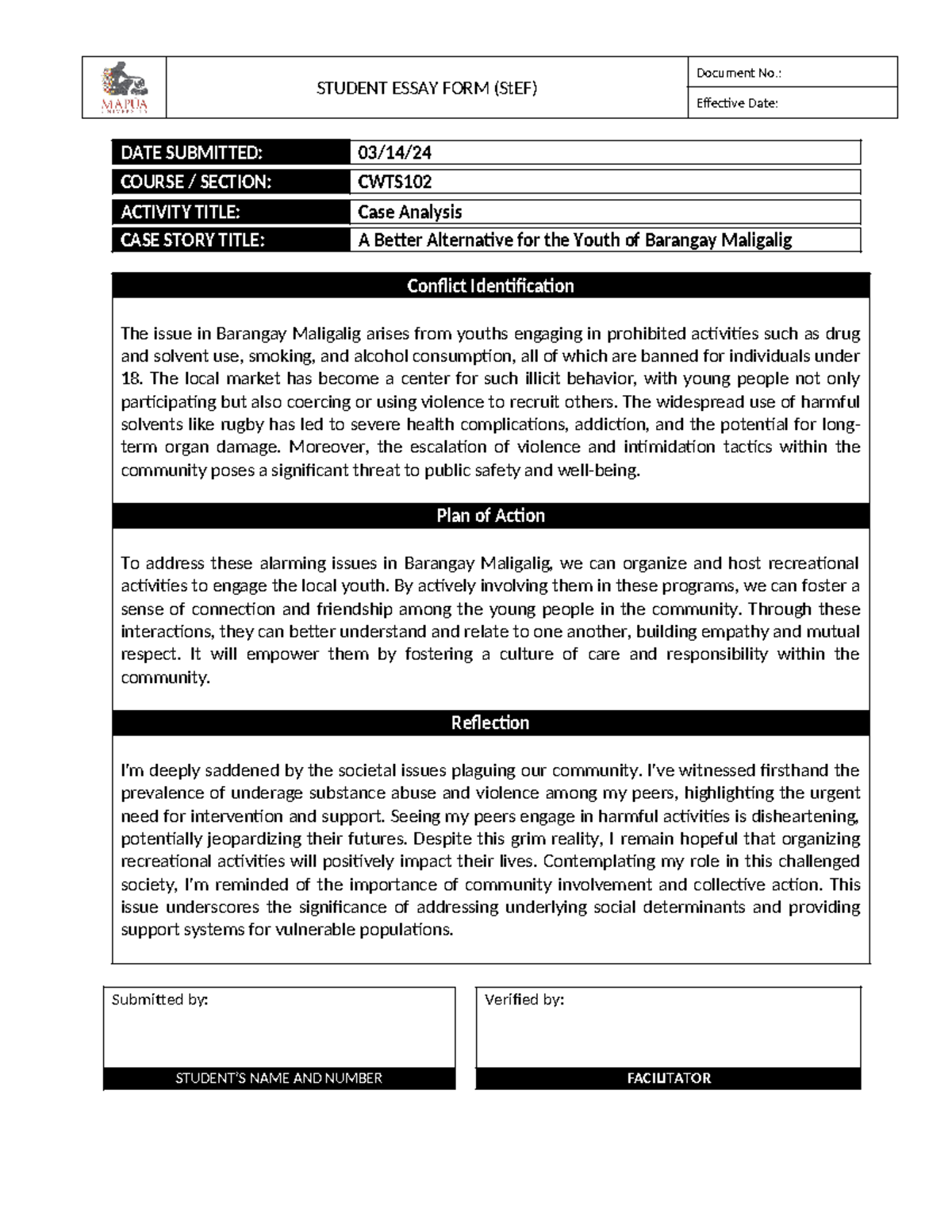 Case Study: Youth Challenges and Solutions in Barangay Maligalig (CWTS ...