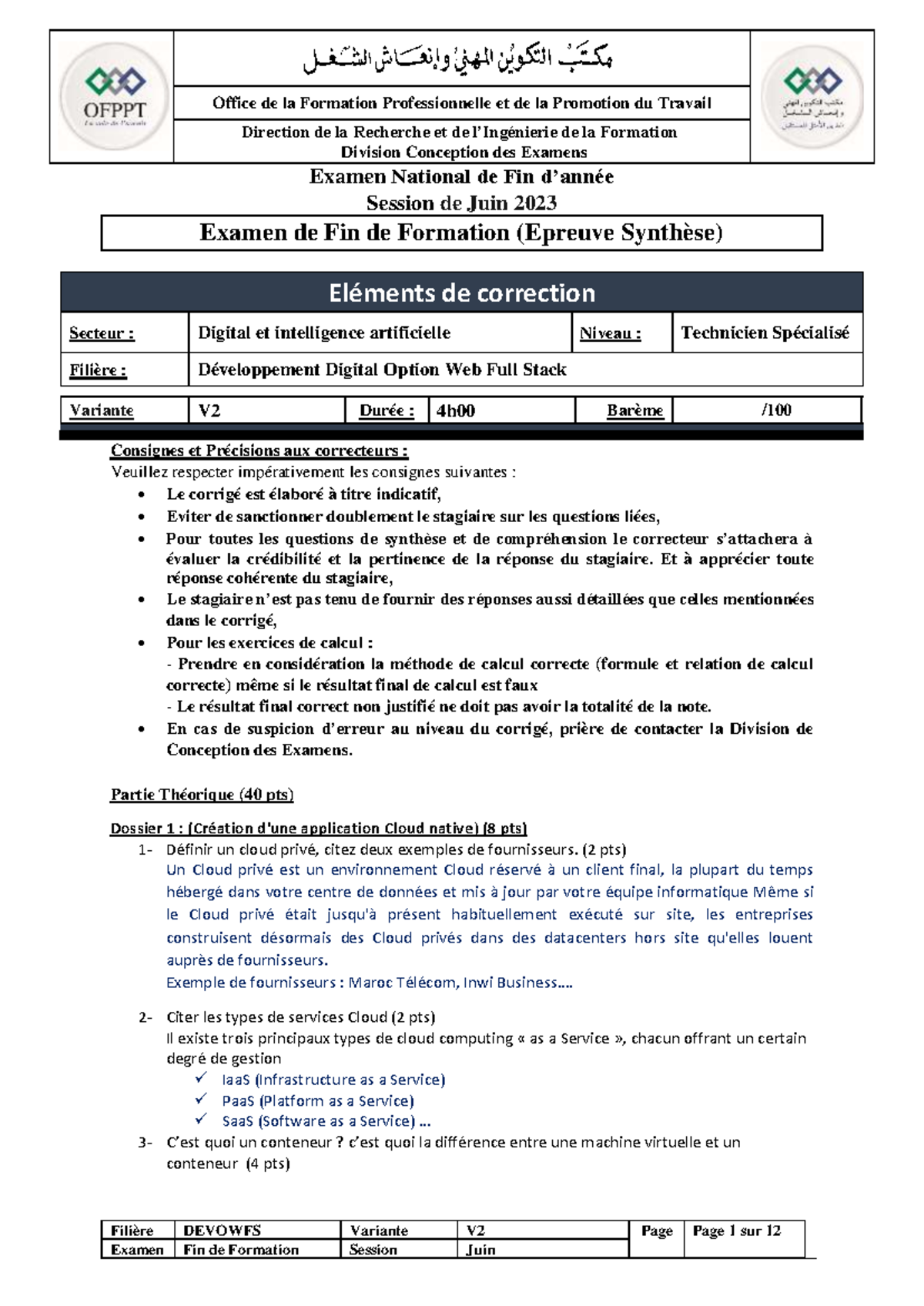 Corrigé Examen National DEVOWFS - Fin de Formation Juin 2023 - Studocu