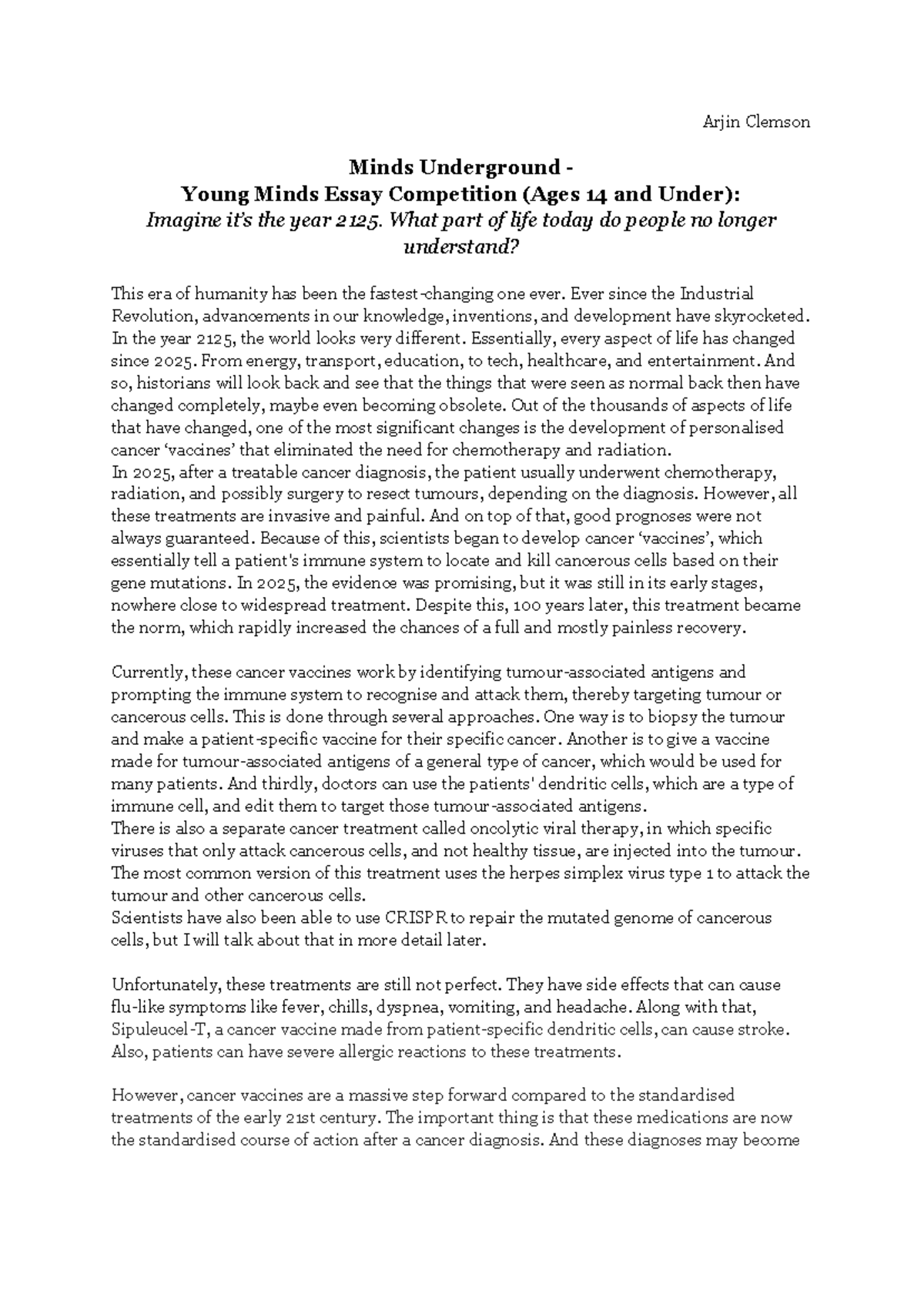 Arjin Clemson Minds Underground - Young Minds Essay Comp. 2125 Vision ...
