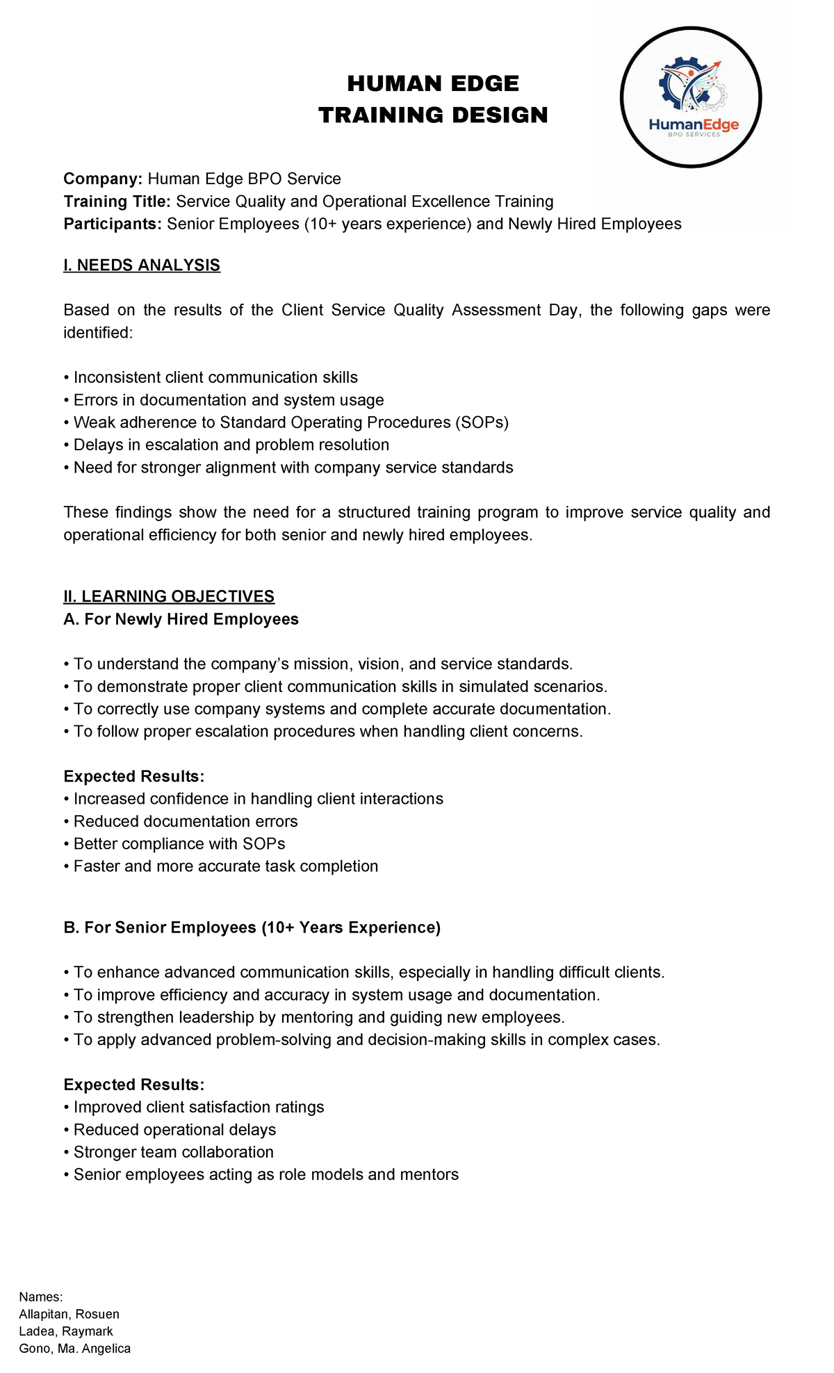 HUMAN EDGE BPO SERVICE TRAINING: SERVICE QUALITY & OPERATIONAL ...