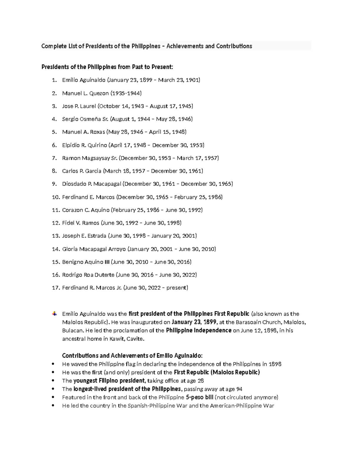 Comprehensive Overview Of Philippine Presidents Achievements