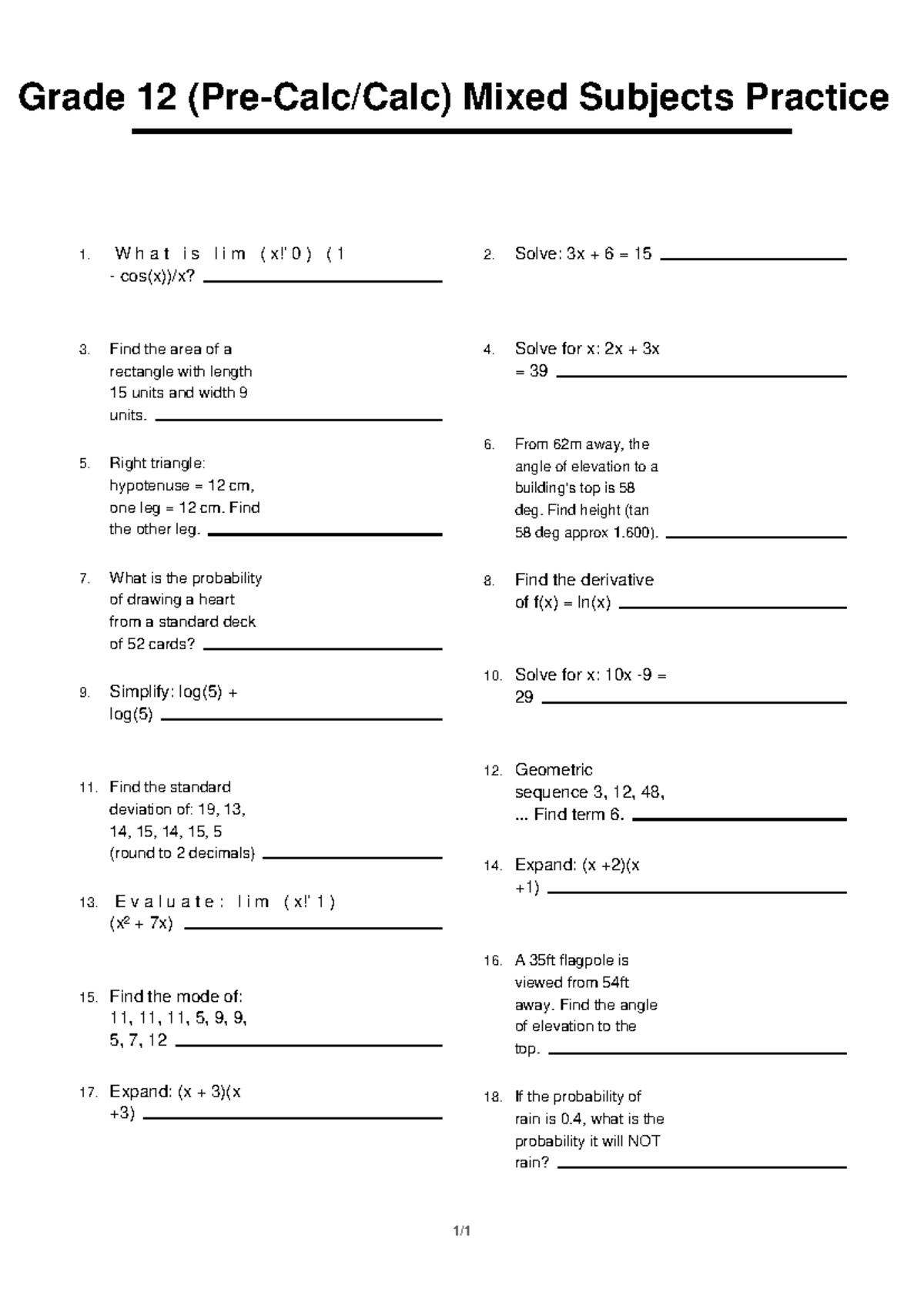 Grade 12 (Calc) Mixed Subjects Practice 3 - Studocu