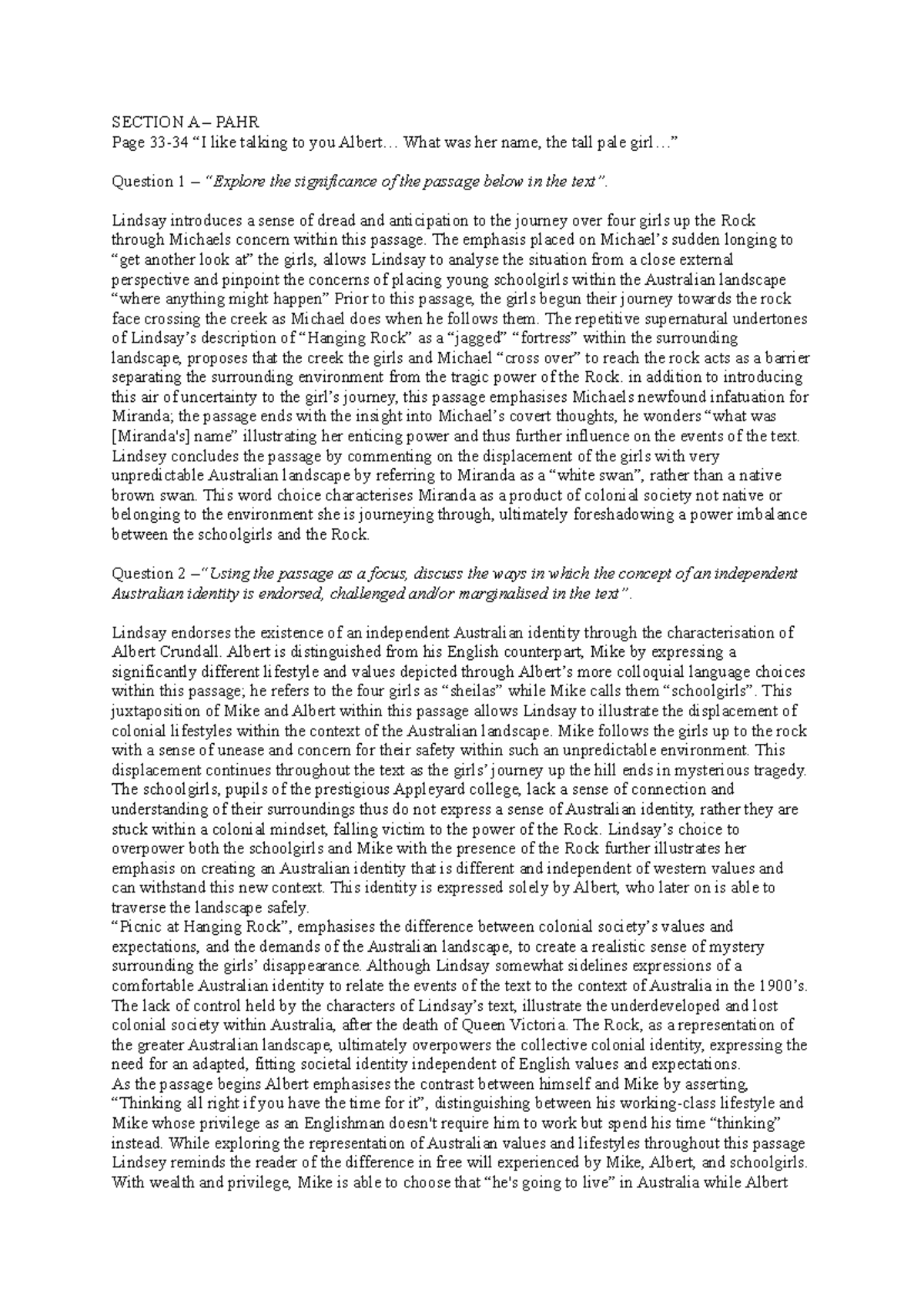 Section A - PAHR Practice Analysis on "Picnic at Hanging Rock" - Studocu