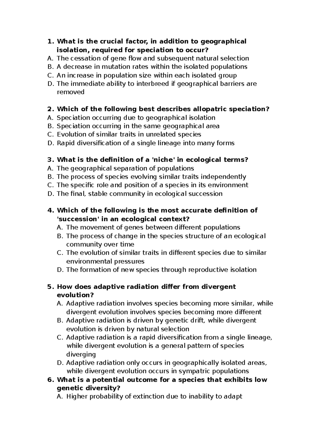 Biology 101: Speciation and Evolution Practice Questions - Studocu