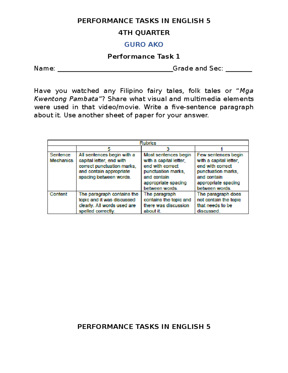 English-5-Q4 - lectures - PERFORMANCE TASKS IN ENGLISH 5 4TH QUARTER GURO AKO Performance Task 1 ...