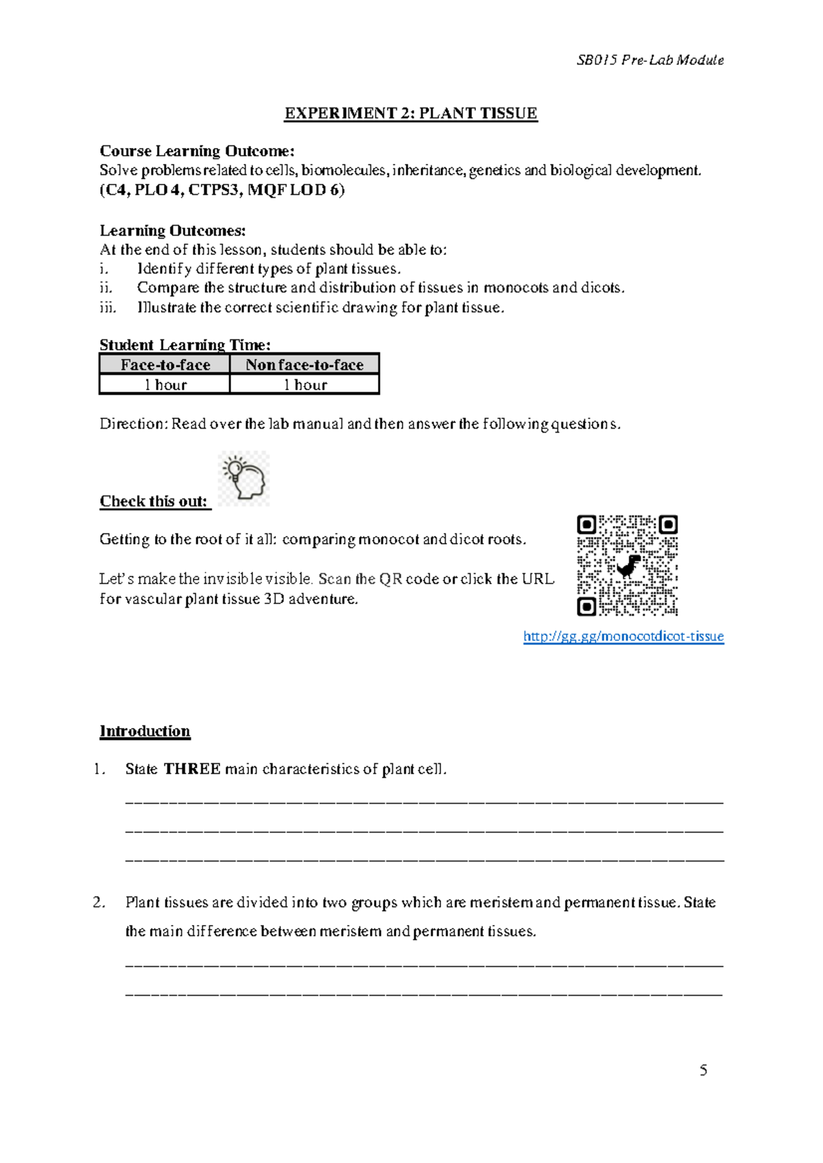 SB015 Module EXPERIMENT 2: Plant Tissue Analysis and Comparison - Studocu