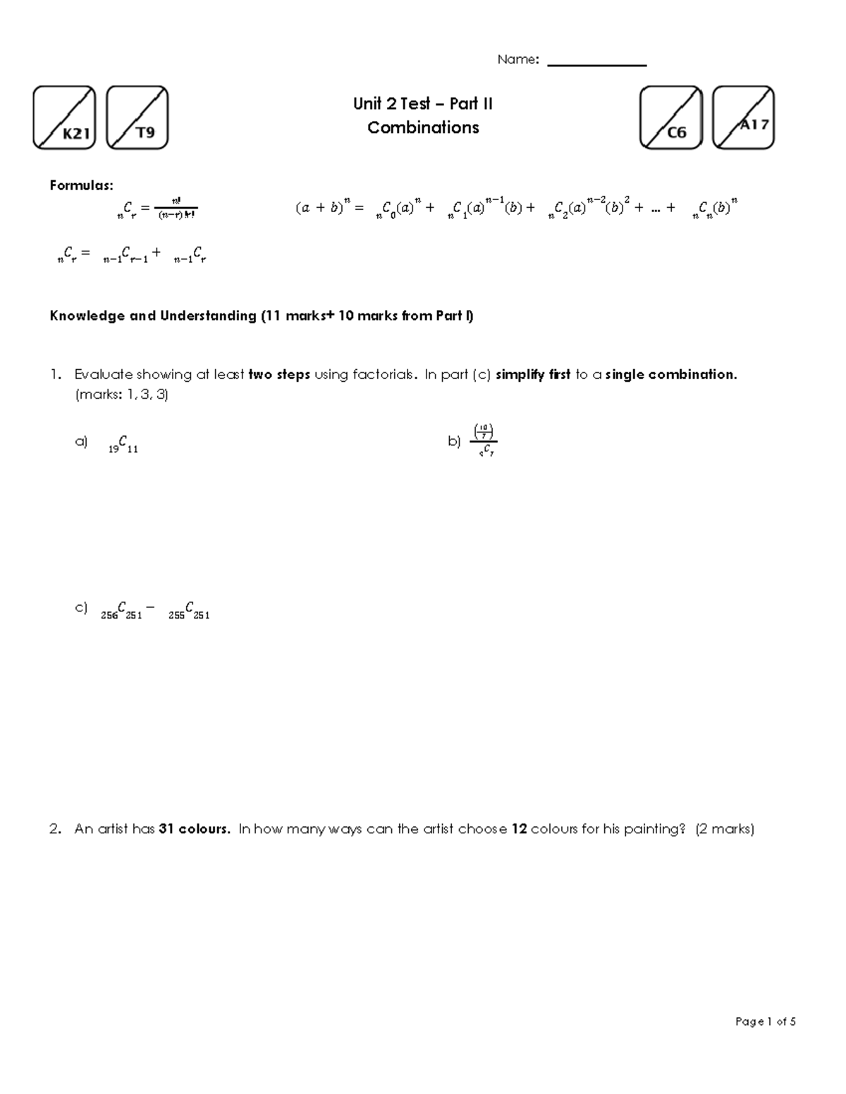 MDM4U Unit 2 Test Part II: Combinations and Formulas - Studocu