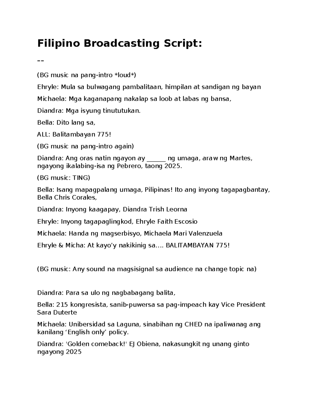 Filipino Broadcasting Script: Balitambayan 775 News Segment (Feb 2025 ...