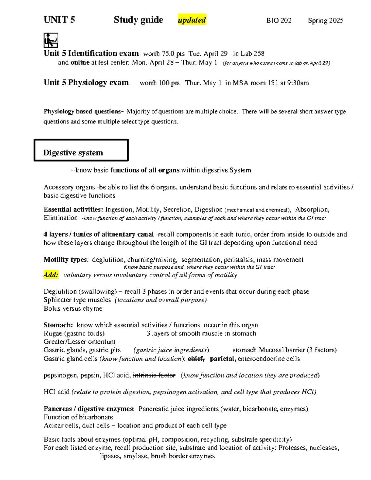 BIO 202 Spring 2025 Unit 5 Study Guide: Digestive & Urinary Systems ...