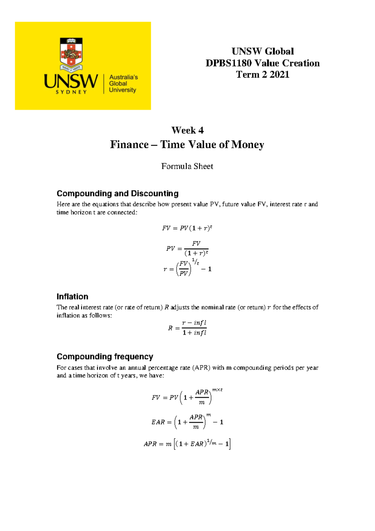 Formula Sheet TVOM - Week 4 - Week 4 Finance – Time Value of Money ...