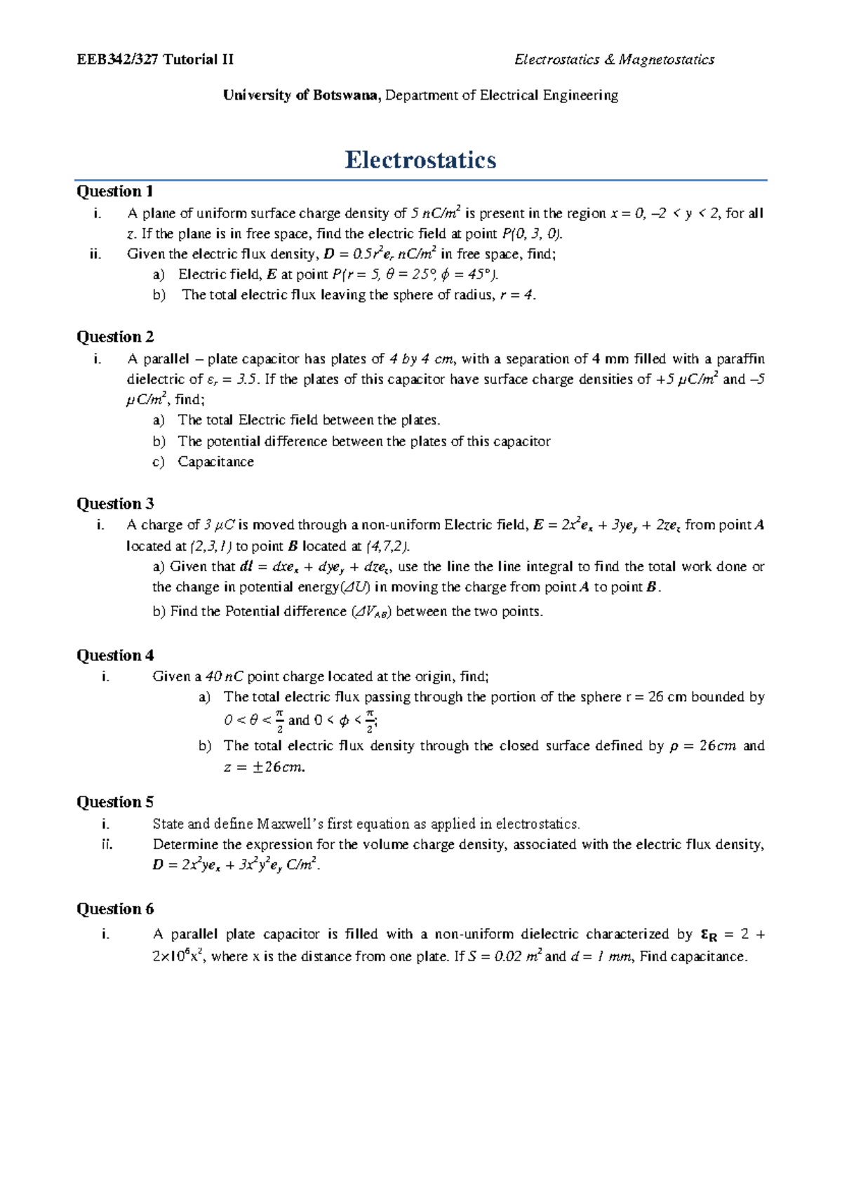 EEB342/327 Tutorial II: Electrostatics & Magnetostatics Notes - Studocu