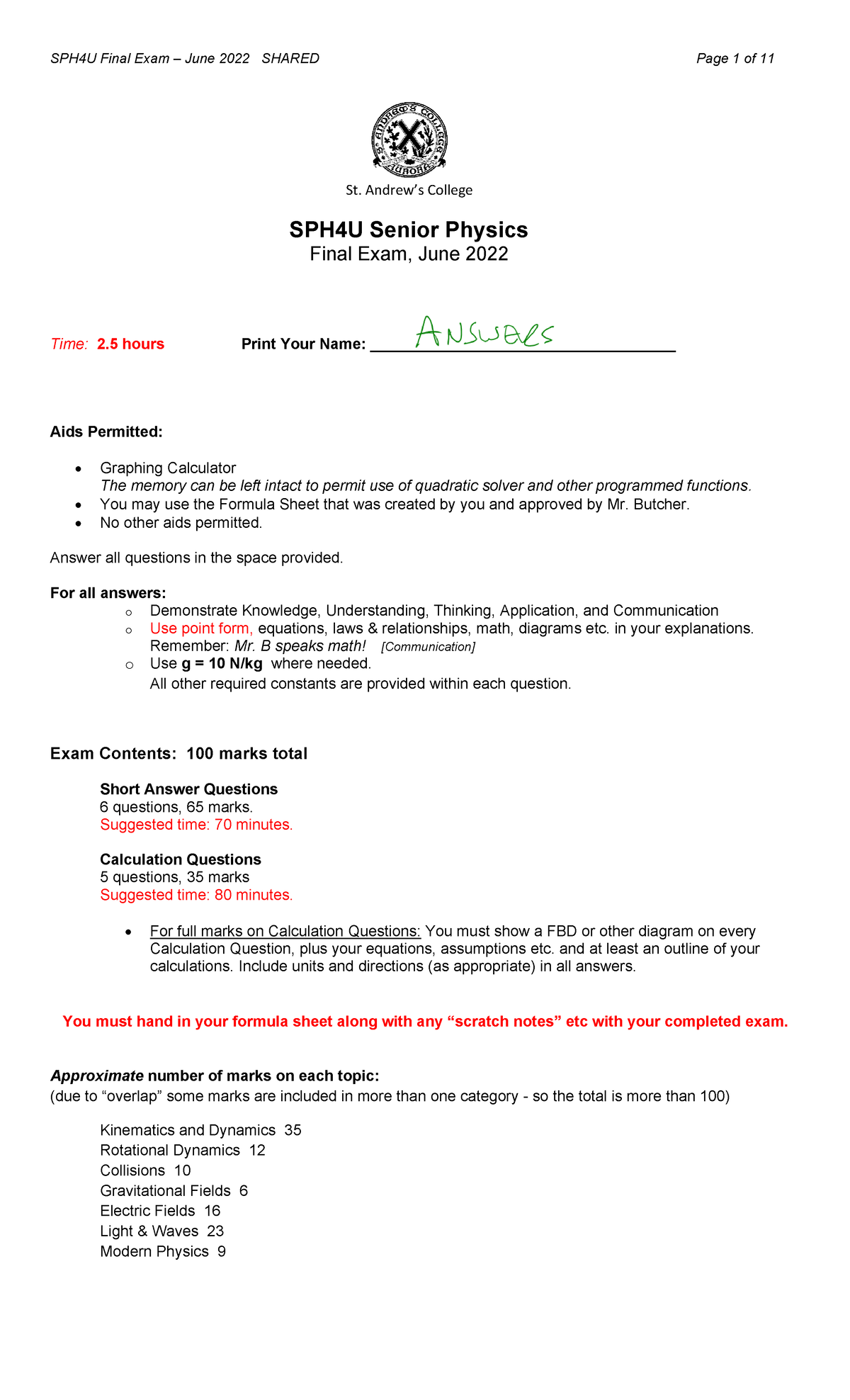 SPH4U Final Exam 2022 - Complete Answers and Solutions - Studocu