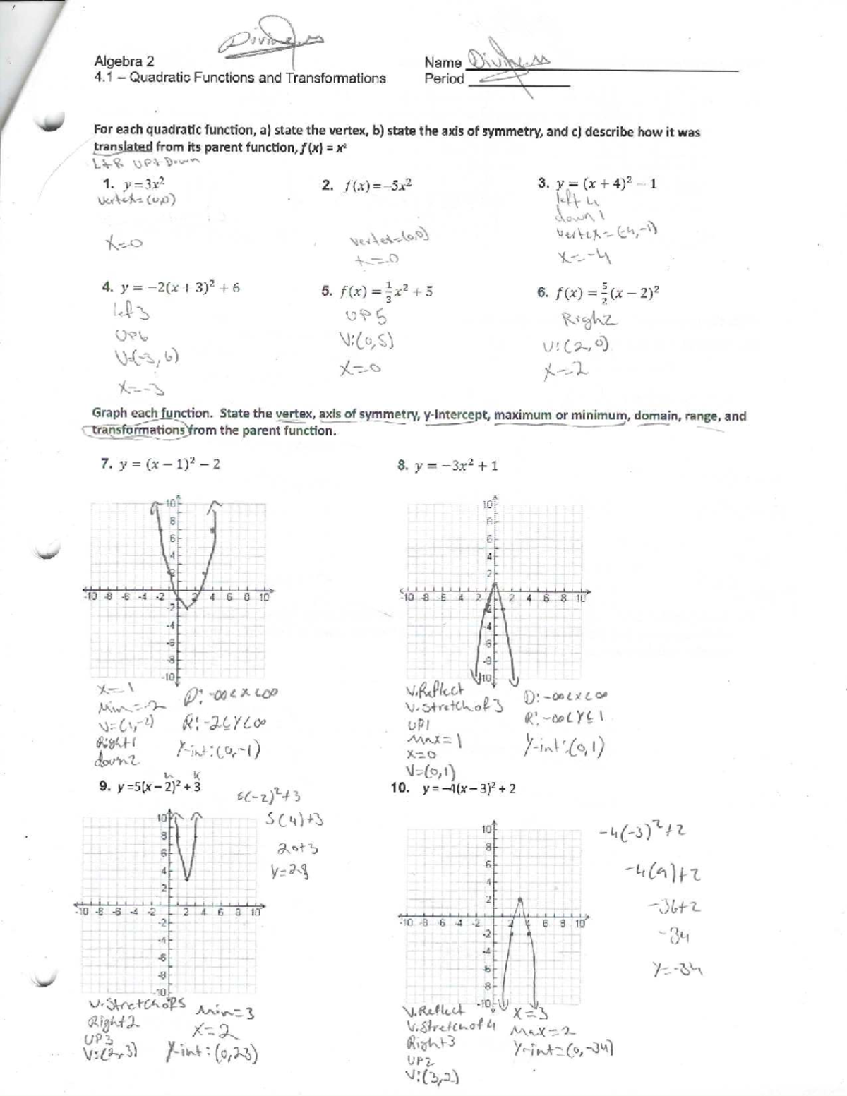Algebra 2 HW 4.1: Quadratic Functions & Transformations - Studocu