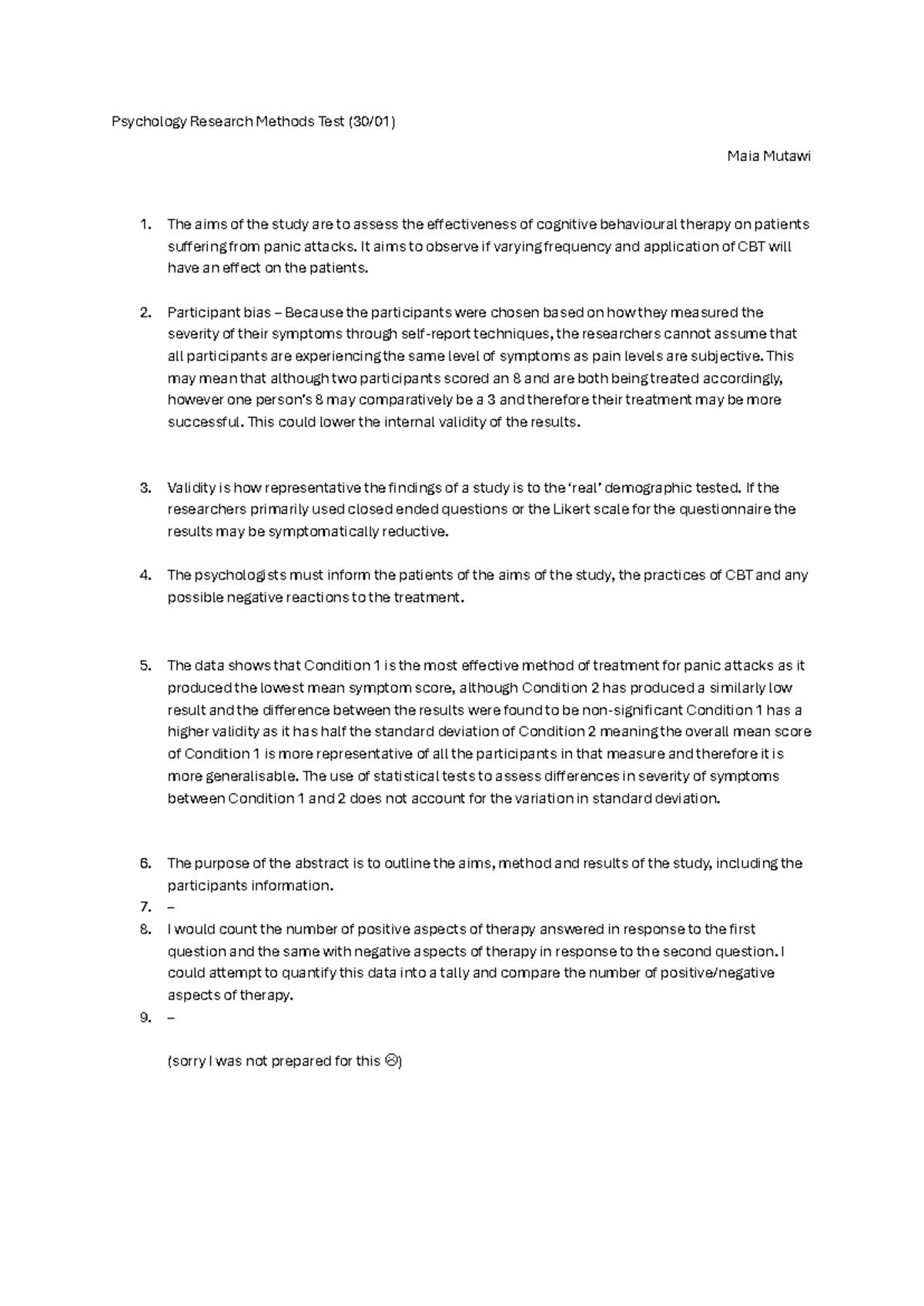Research Methods quiz - Psychology Research Methods Test (30/01) Maia ...