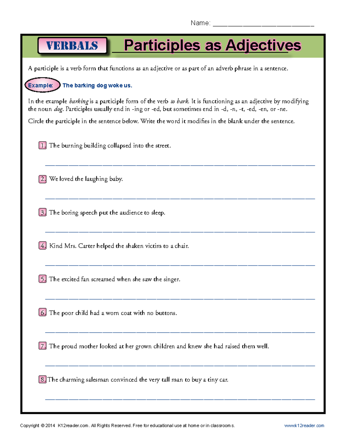 Verbals: Participles as Adjectives - Educational Exercise Guide - Studocu
