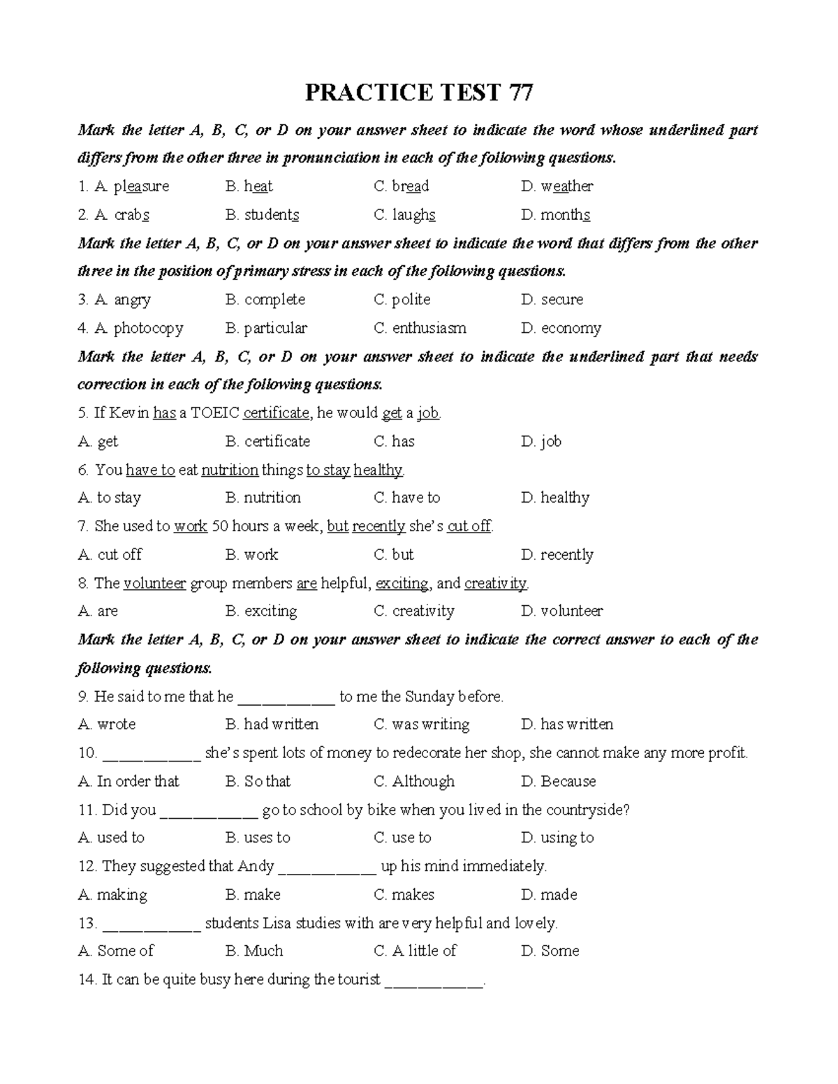 Practice Test 77 - English Pronunciation & Grammar Questions - Studocu