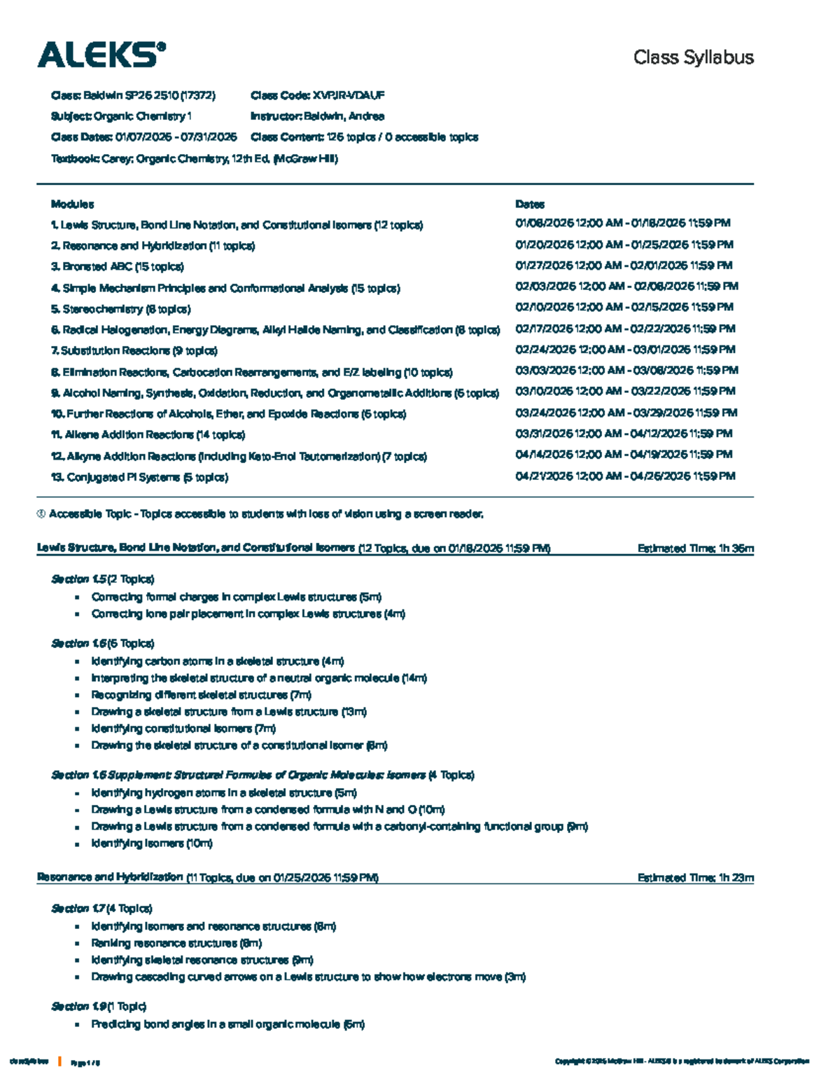 Organic Chemistry 1 Syllabus - Baldwin SP26 2510 (17372) - Studocu