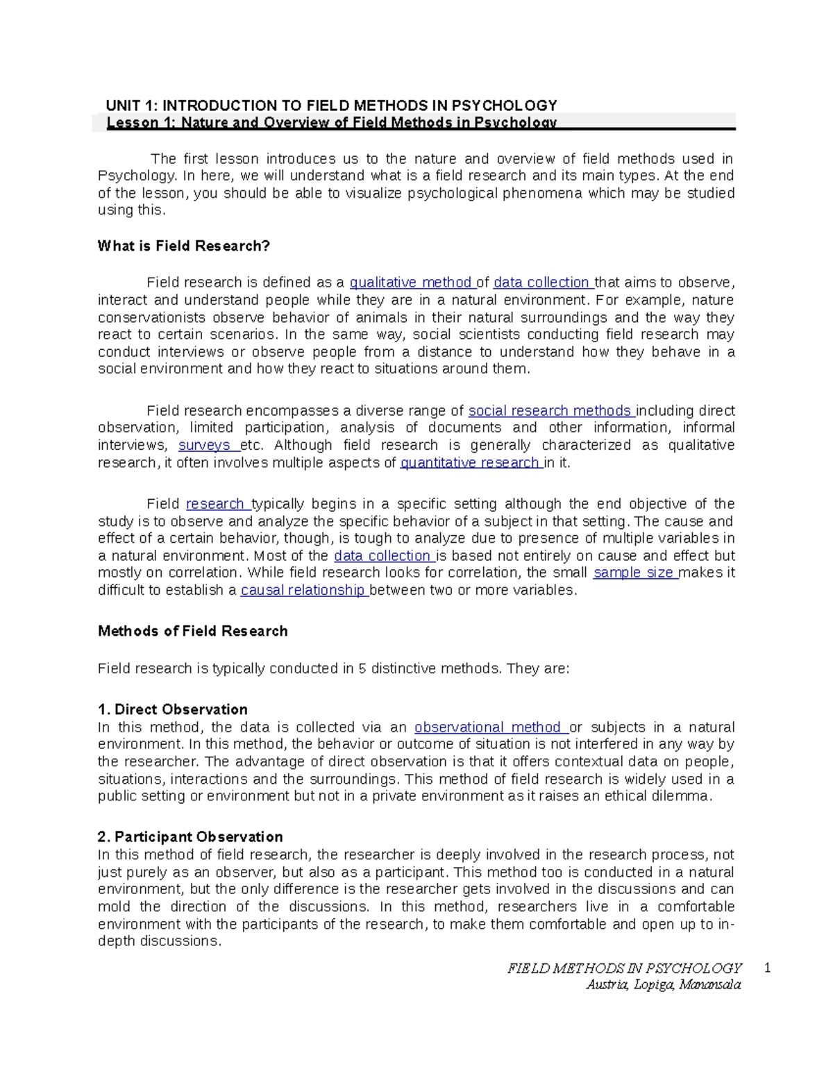 UNIT 1: Overview of Field Methods in Psychology (PSY 101) - Studocu