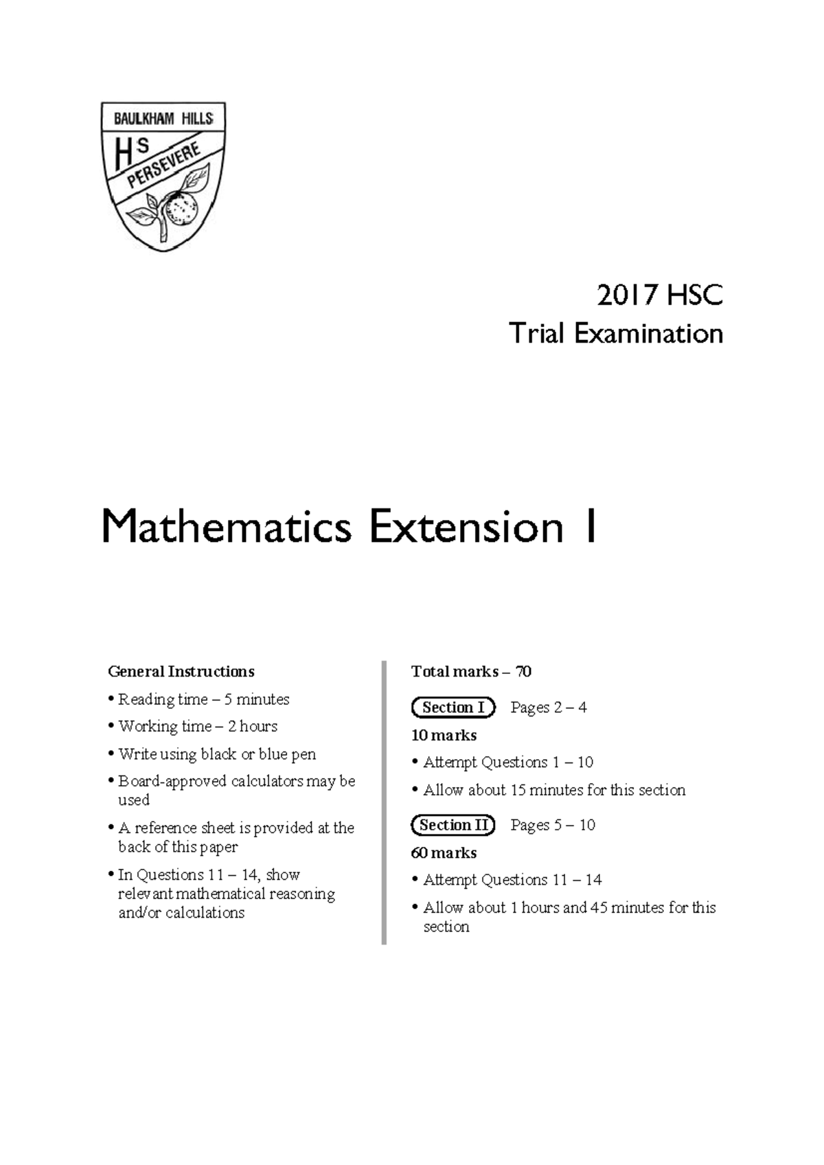 2017 HSC Trial Exam Mathematics Extension 1 Solutions & Marking Guide - Studocu