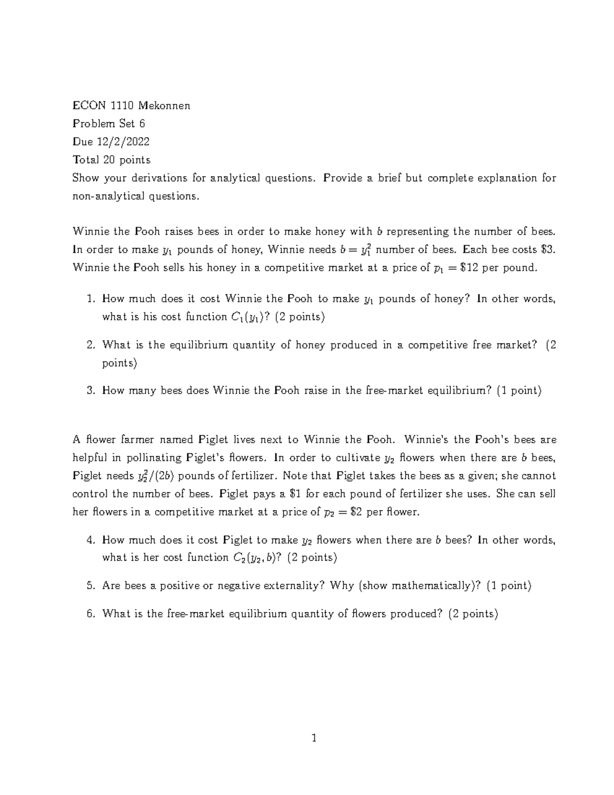 ECON1110 Pset 6 - Honey & Flowers Cost Functions & Equilibria Analysis ...