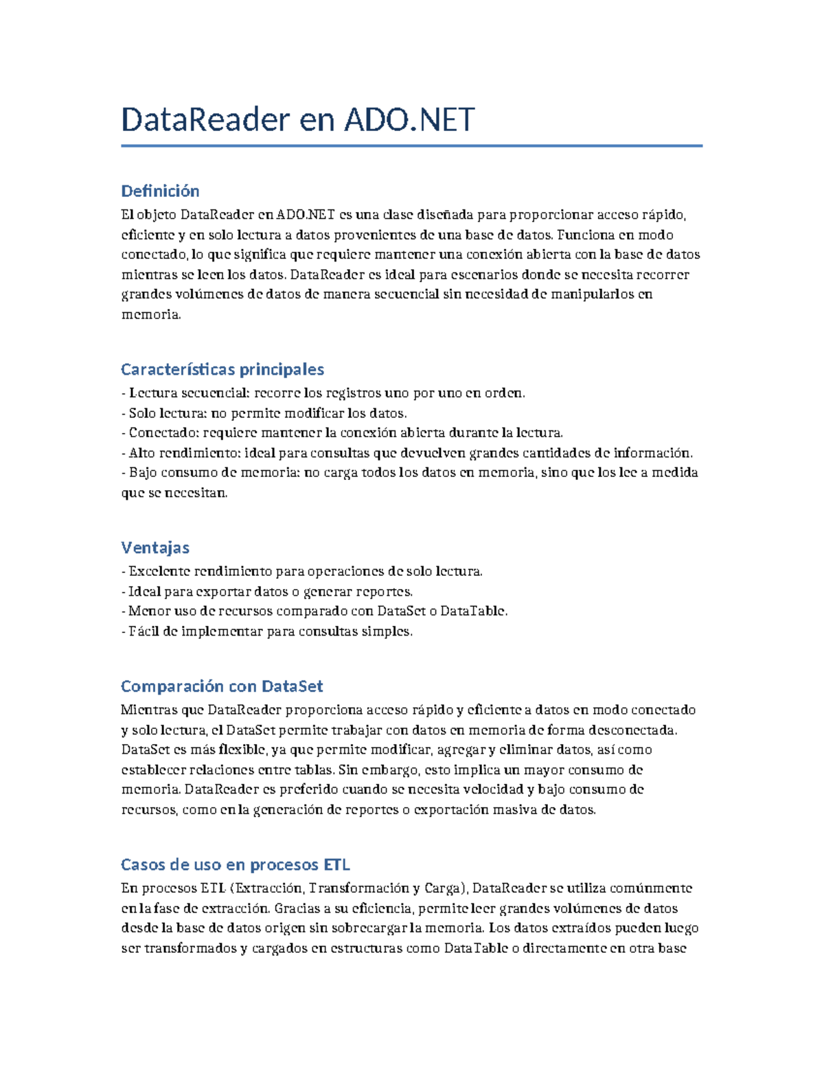 DataReader en ADO.NET: Eficiencia y Uso en ETL - Studocu