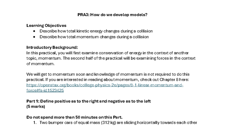 PRA3: Exploring Momentum and Energy Conservation in Collisions - Studocu
