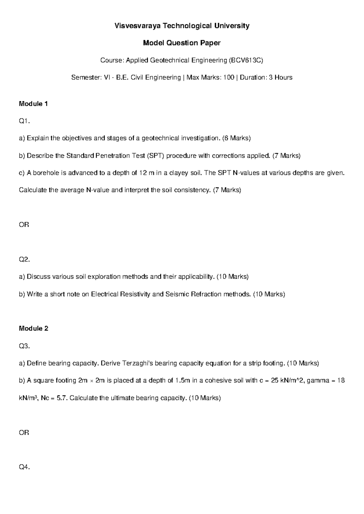 VTU Model Question Paper: Applied Geotechnical Engineering (BCV613C ...