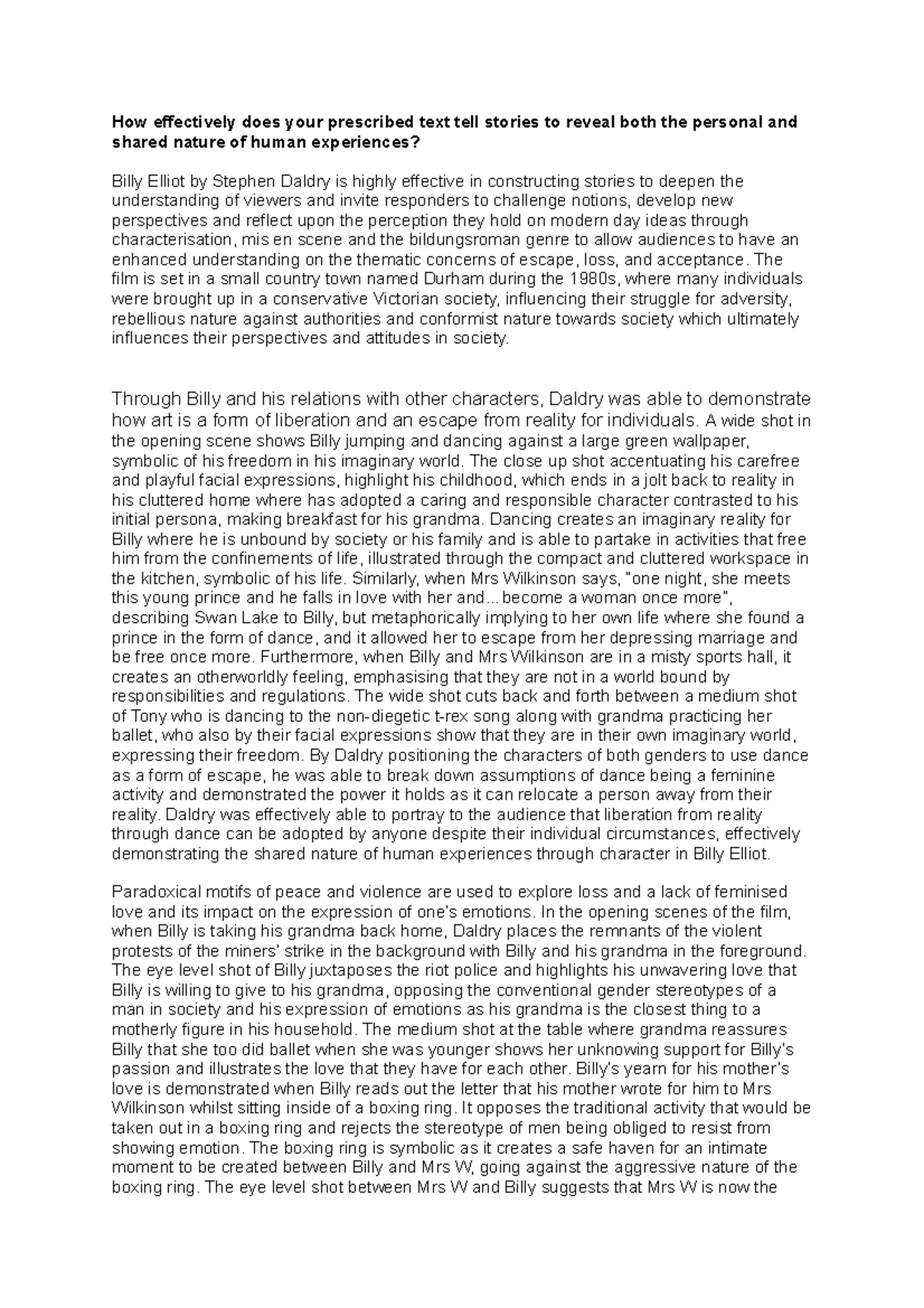 Billy Elliot Essay: Exploring Human Experiences Through Film - Studocu