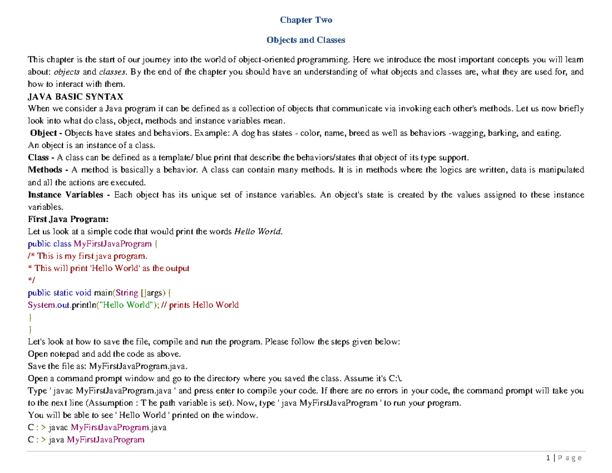 OOP Handout 2 - Chapter 2: Objects and Classes in Java - Studocu
