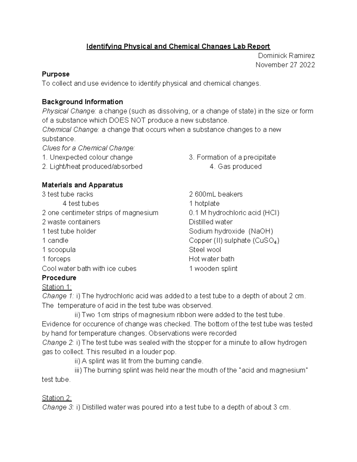 414779596-Identifying-Physical-and-Chemical-Changes-Lab-Report - Studocu