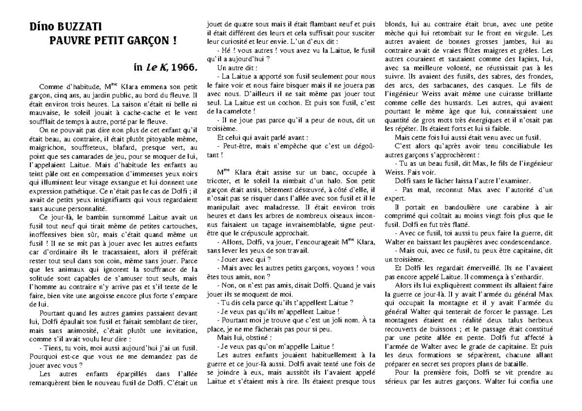 Buzzati: Analyse de "Pauvre Petit Garçon" (Le K, 1966) - Studocu