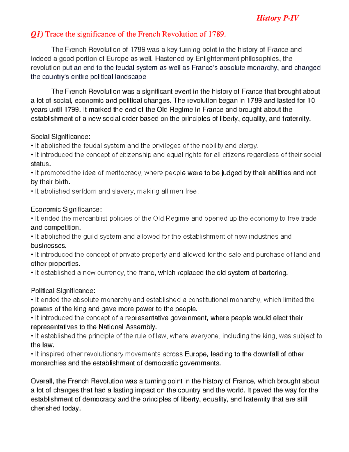 History P-IV: The Significance of the French Revolution (1789-1799 ...