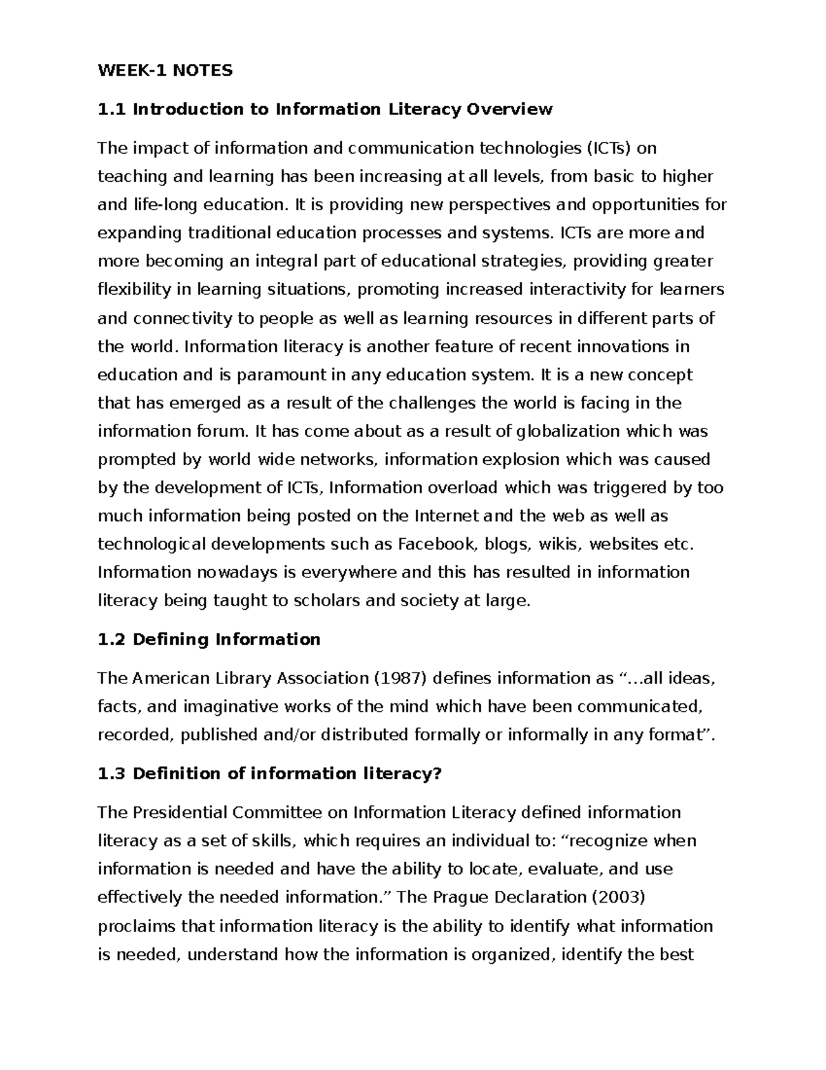Introduction TO Information Literacy WEEK 1 Notes - WEEK-1 NOTES 1 ...