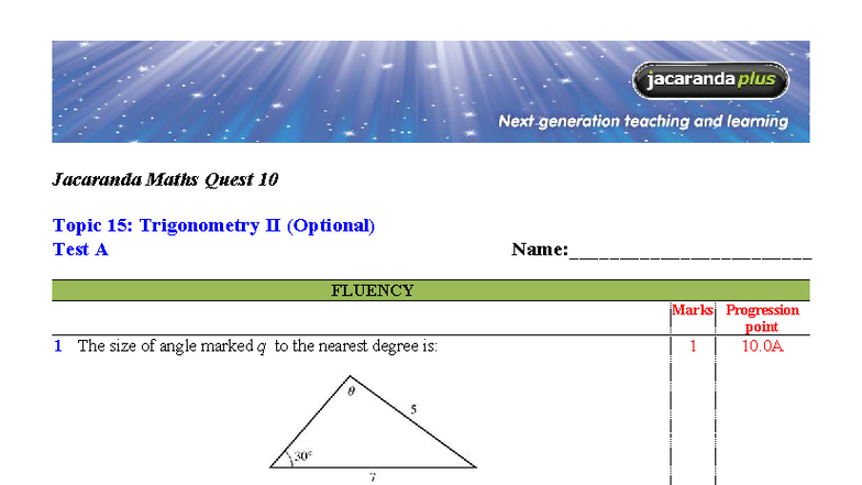 Maths Quest 10 Topic 15: Trigonometry II (Optional) Test A Solutions ...
