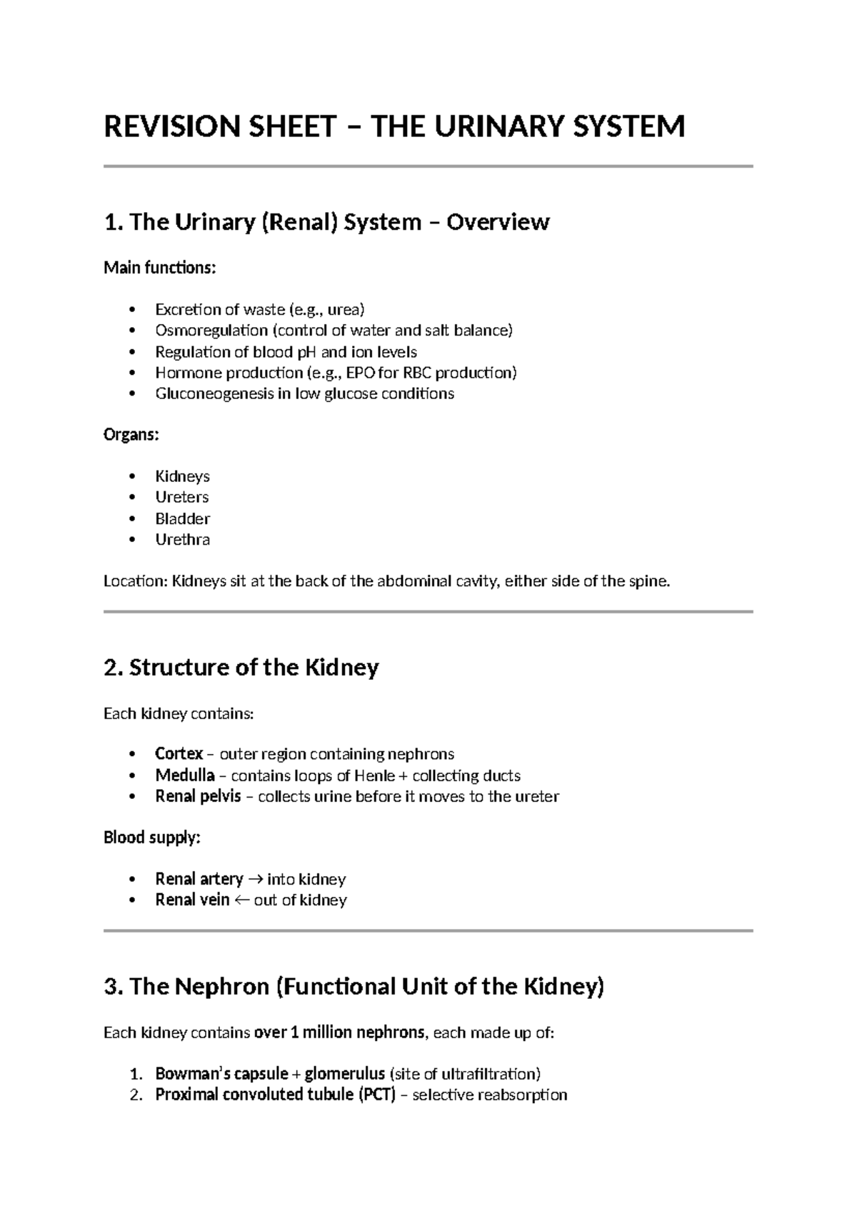 B3 Revision Sheet: Overview of the Urinary System - Studocu