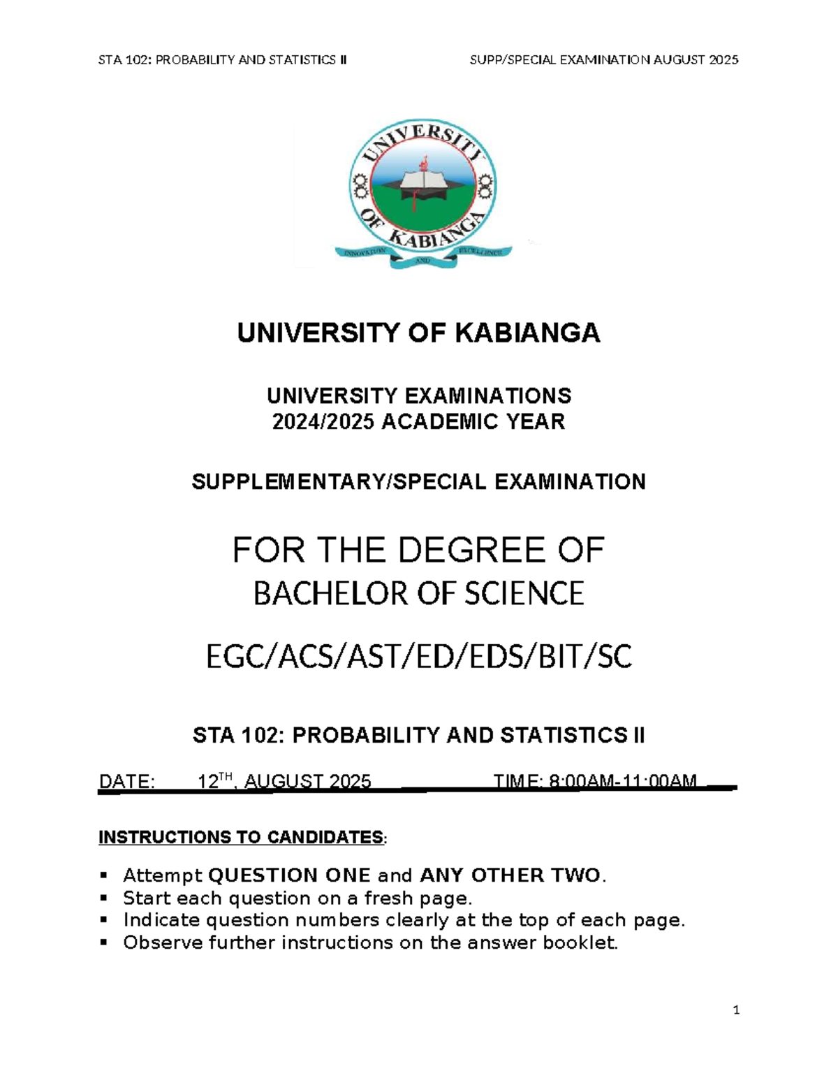 STA 102: Probability and Statistics II Final Exam August 2025 - Studocu