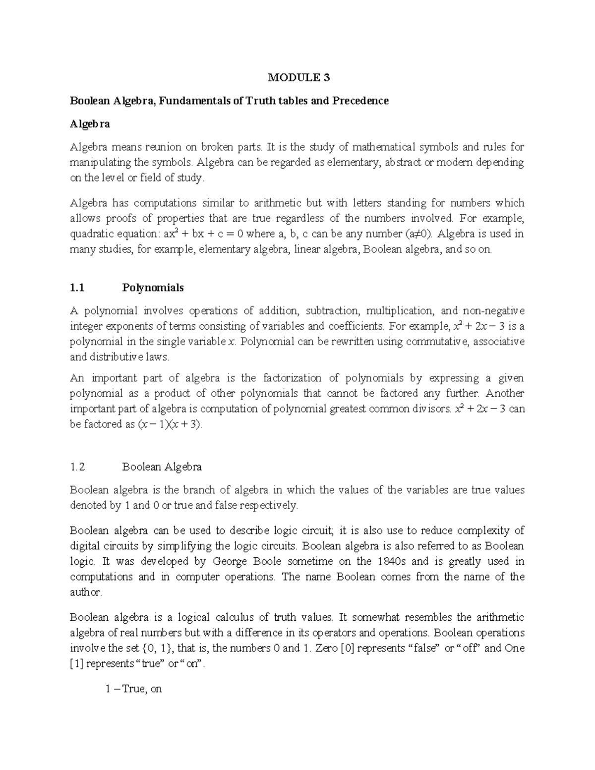 Module 3 - Introduction to Computer science - MODULE 3 Boolean Algebra ...