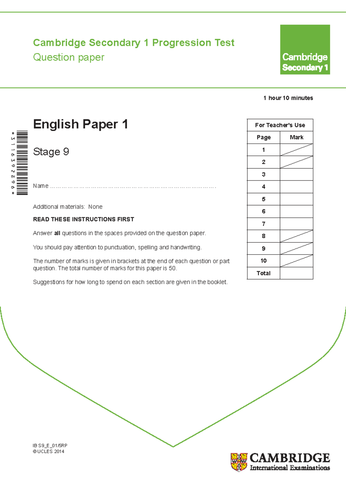 YEAR 9 Progression Test - English Paper 1 & 2 (Stage 9) - Studocu